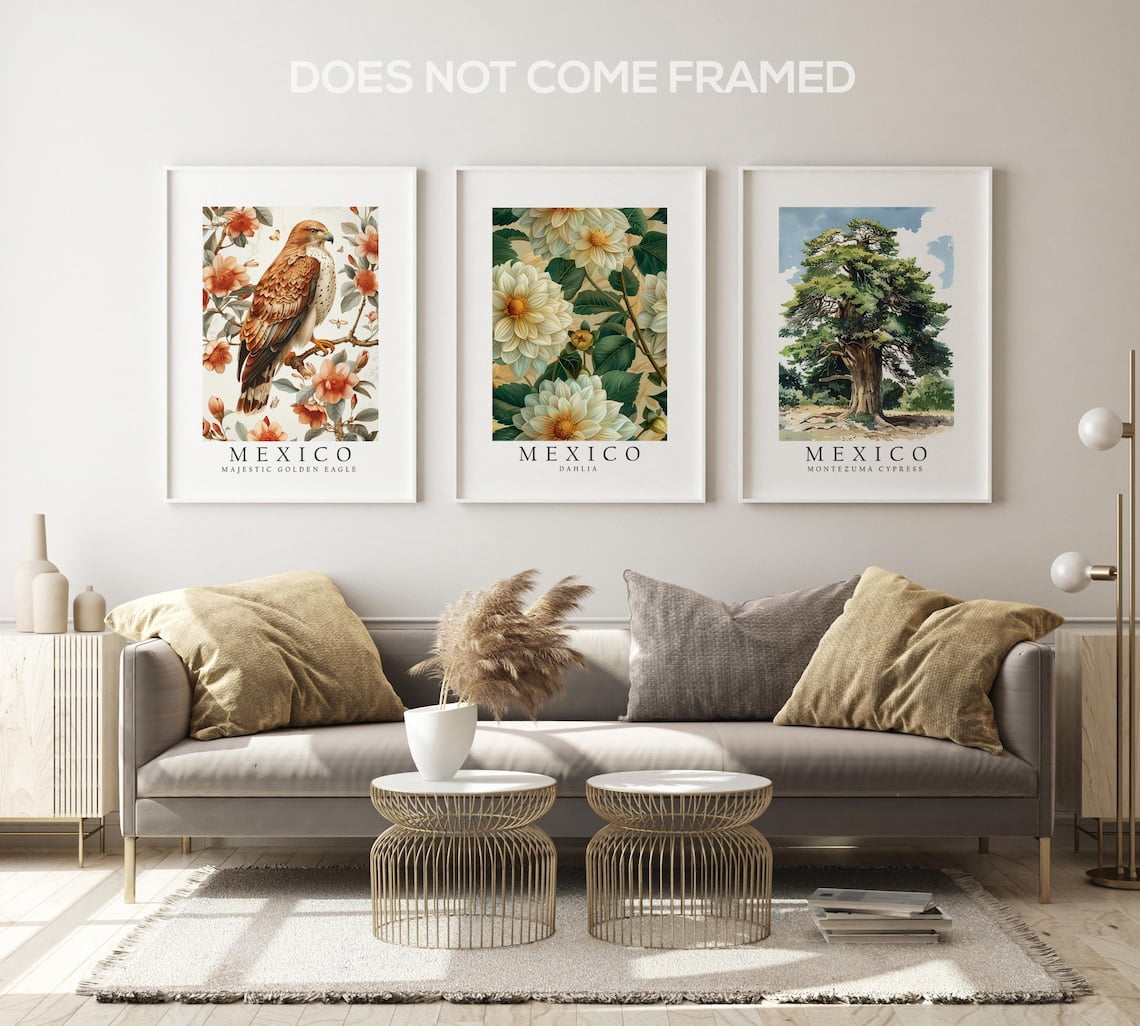 UNFFRAMED Luvia Set of 3 Mexico National Symbols Poster Prints, Golden ...