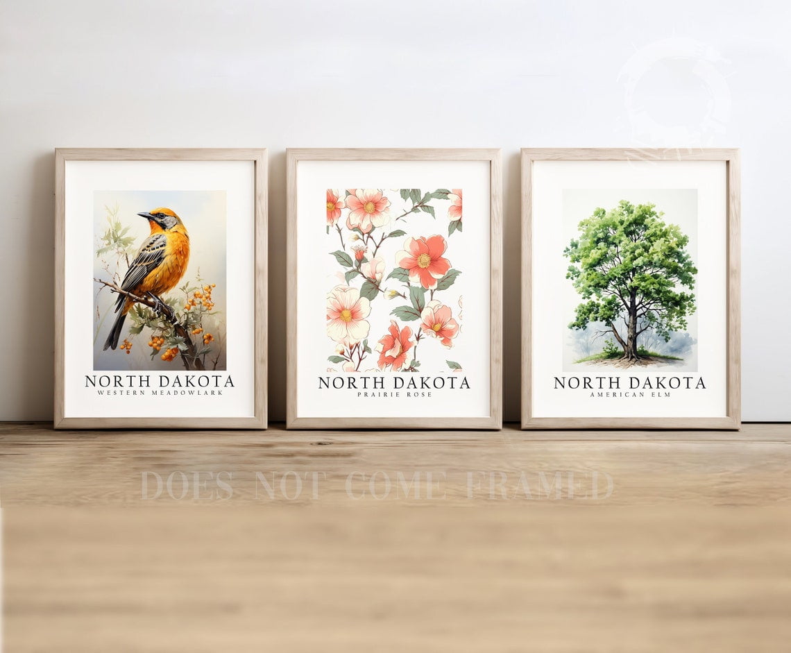 UNFFRAMED Luvia Set of 3 North Dakota State Symbols Poster Wall Art ...