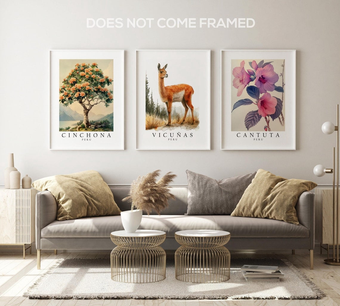 UNFFRAMED Luvia Set of 3 Peru National Symbols Poster Wall Art, Vicuna ...
