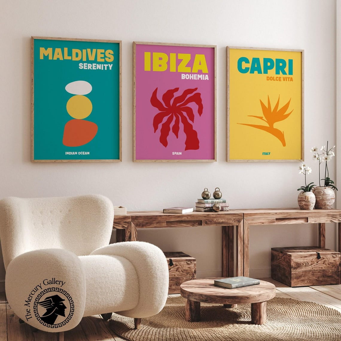 UNFFRAMED Luvia Set of 3 Travel Famous Places Prints, Maldives, Ibiza ...