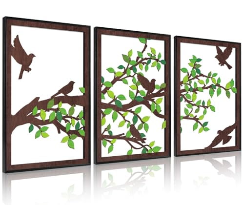 UNFFRAMED Luvia Set of 3 Wooden Birds on Tree Branch Poster Wall Art ...