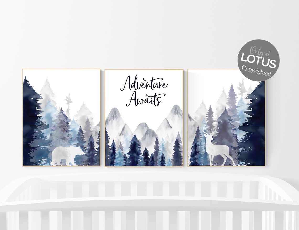 UNFFRAMED Luvia Set of 3 Woodland Mountain Poster Wall Art, Navy Blue ...