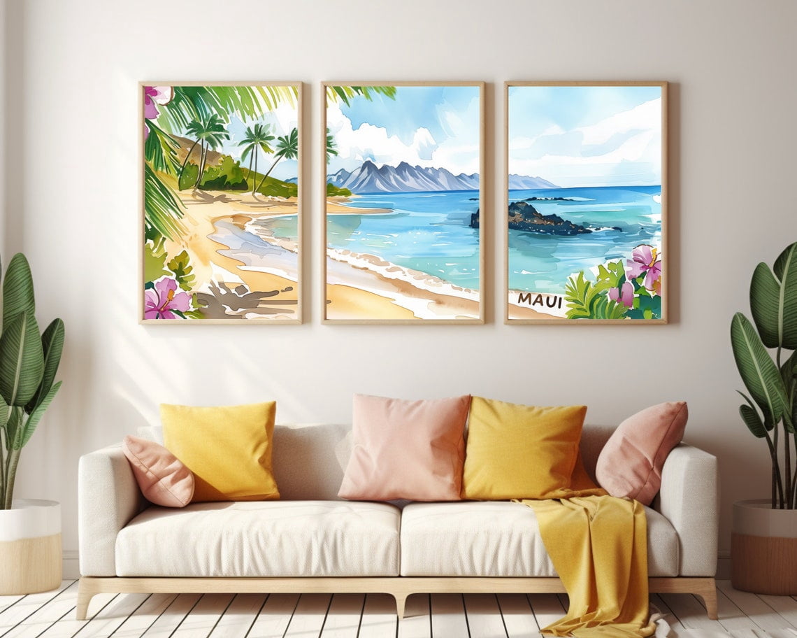 UNFFRAMED Maui Beach Poster Set Of 3, Hawaii Wall Art, Tropical Island ...