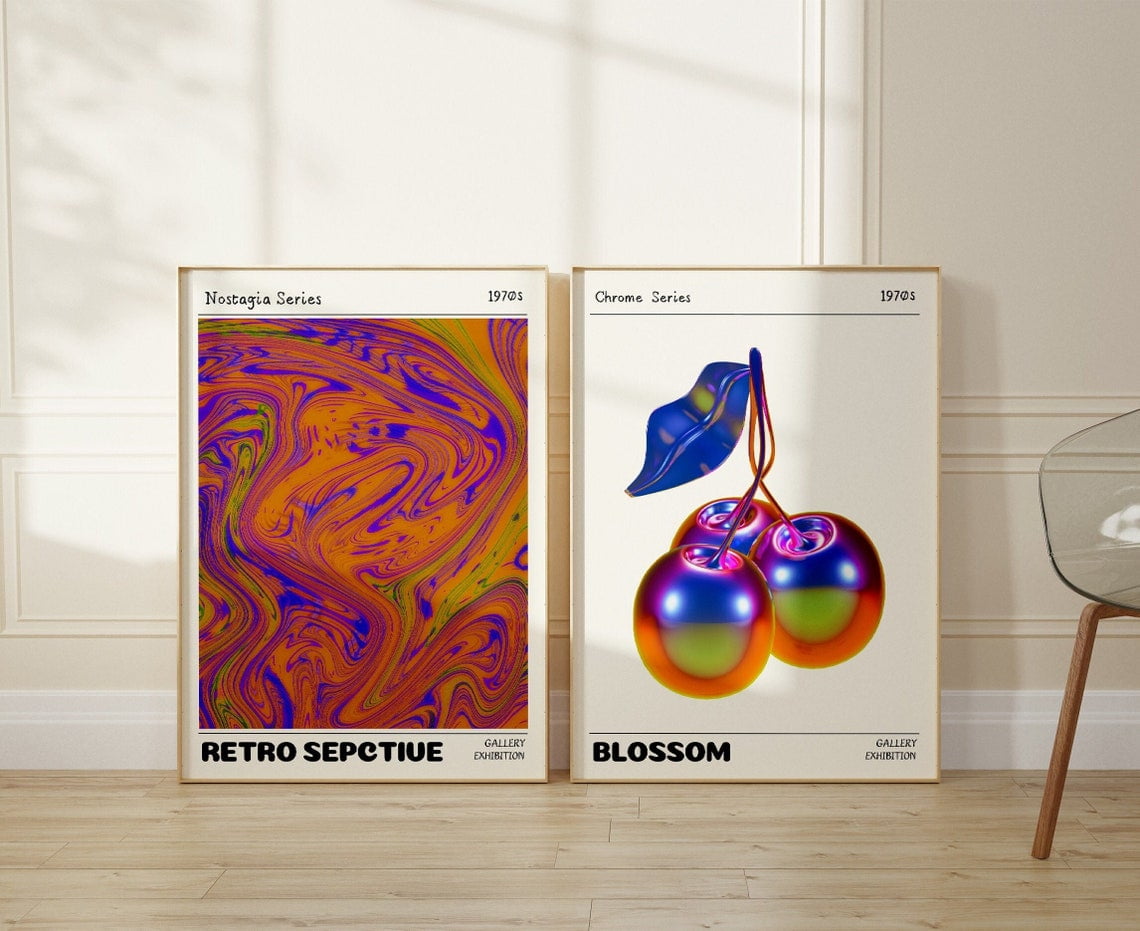 UNFFRAMED Metallic Cherry & Abstract Aura Poster Set, Retro Wall Art ...