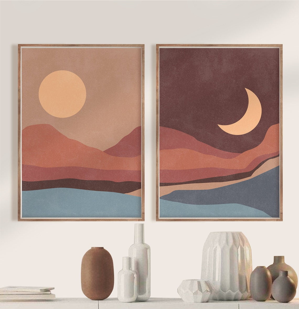 UNFFRAMED Mid Century Modern Sun & Moon Poster Set, Geometric ...
