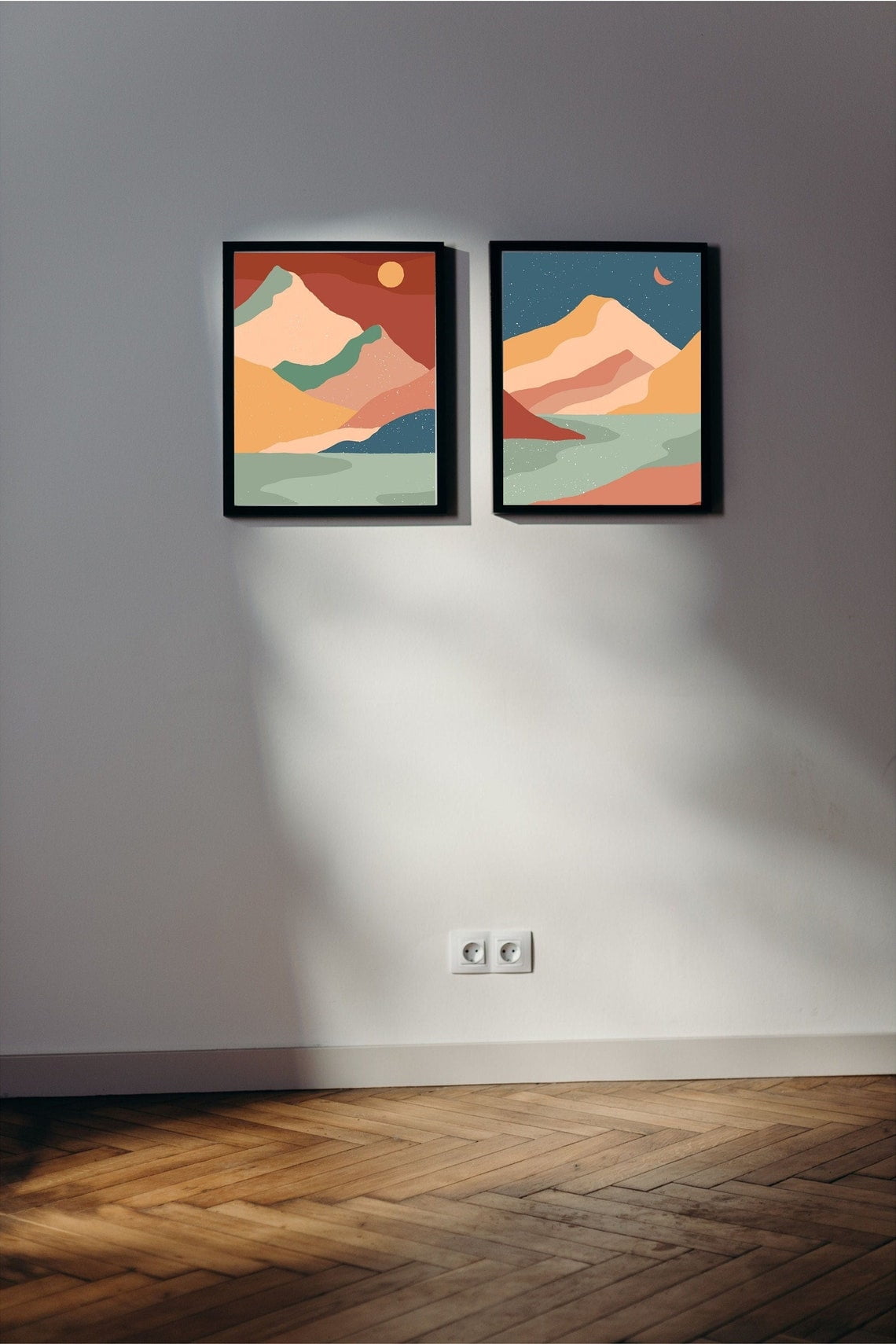 UNFFRAMED Mid Century Sun and Moon Landscape Art Posters Set 2 Prints ...