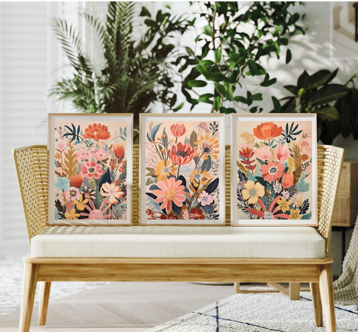 UNFFRAMED Midcentury Modern Boho Flowers Bouquet Wall Art Set, Wall Art ...