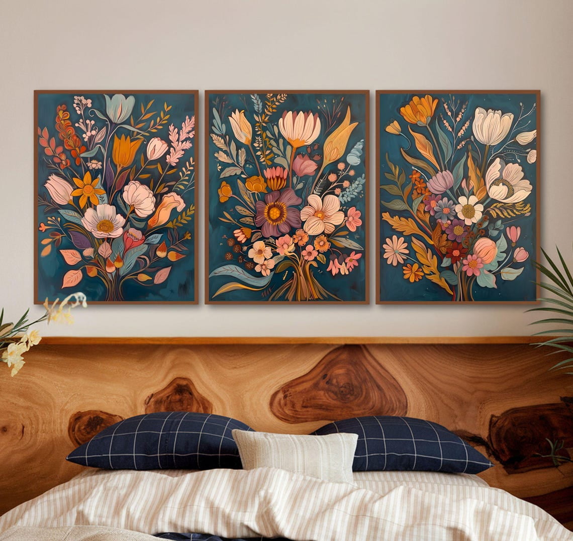 UNFFRAMED Midcentury Modern Boho Flowers Bouquet Wall Art Set ...