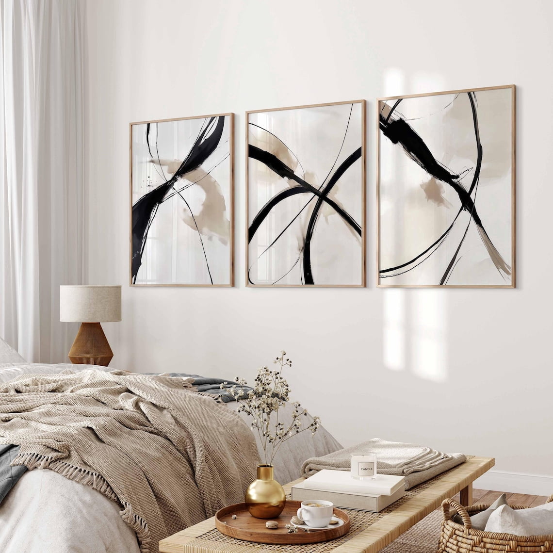 UNFFRAMED Minimalist Abstract Beige And Black Wall Art Set Of 3 Wall ...