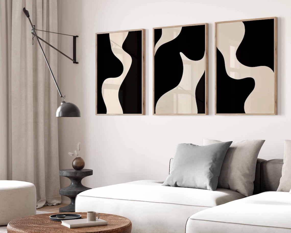 UNFFRAMED Minimalist Abstract Black Beige Art Set Of 3 Posters Neutral ...