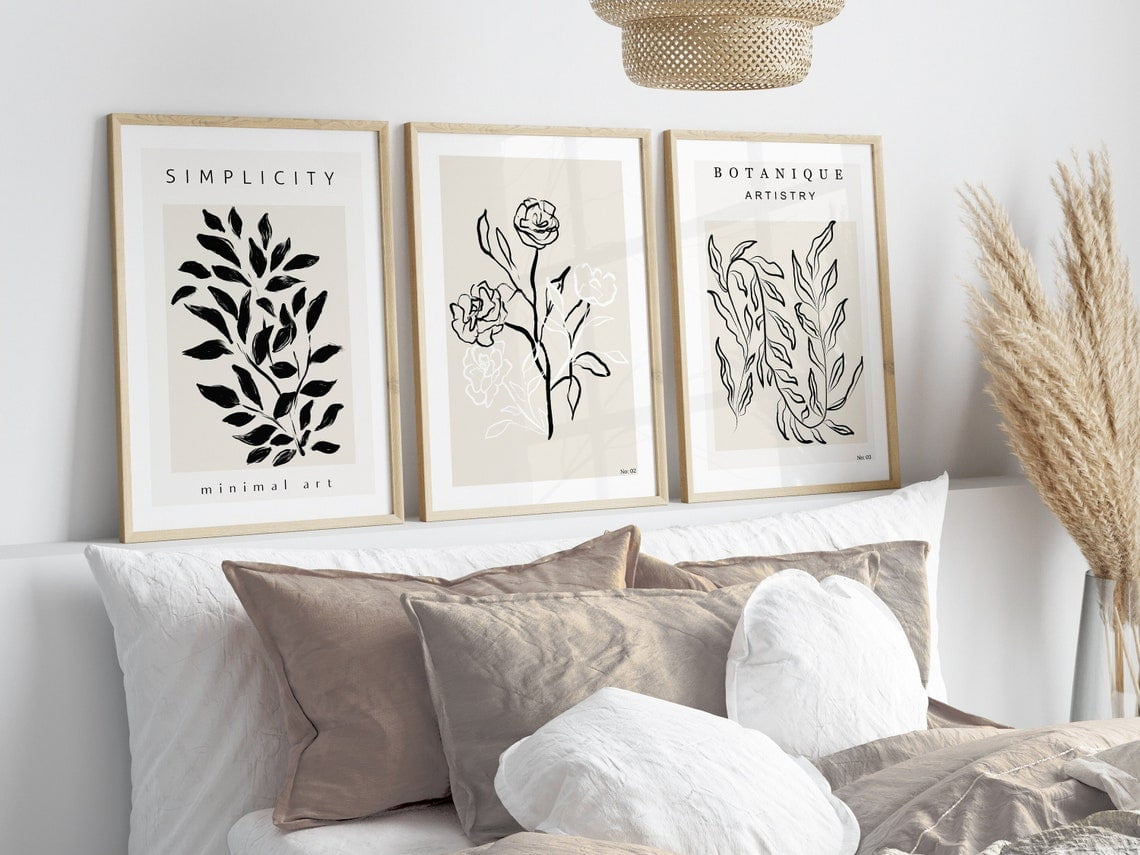 UNFFRAMED Minimalist Botanical Prints Set Of 3, Beige Abstract Decor ...