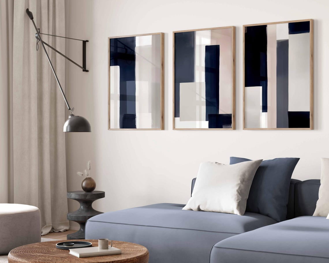 UNFFRAMED Modern Abstract Navy Blue Wall Art Set Of 3 Blue Abstract ...