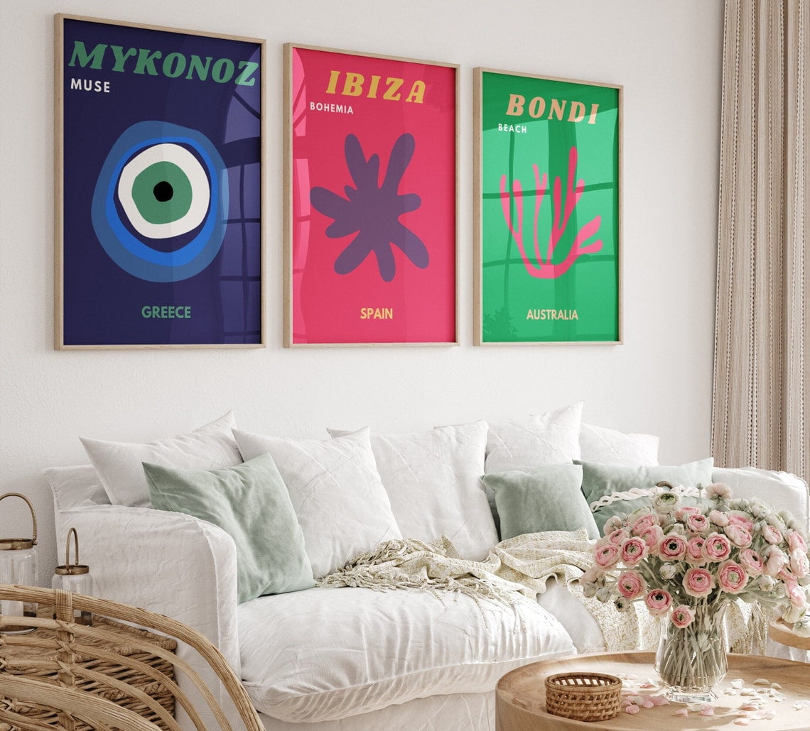 UNFFRAMED Mykonos Ibiza Bondi Poster Set, Colorful Travel Wall Art Set ...