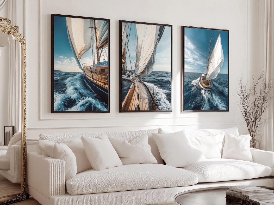 UNFFRAMED Nautical Yacht Posters, Set Of 3 Posters, Wall Gallery, Blue ...