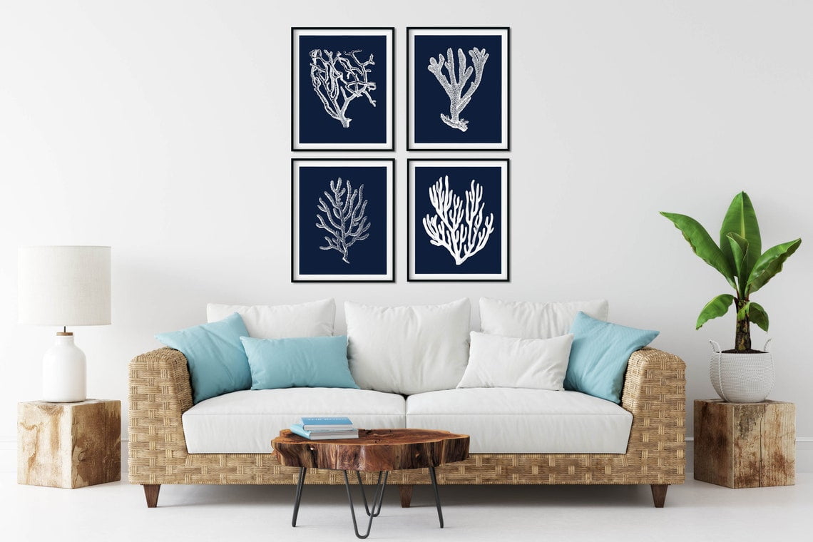 UNFFRAMED Navy Blue Coral Art Prints, Coastal Decor Set 4 Prints 12x18 ...