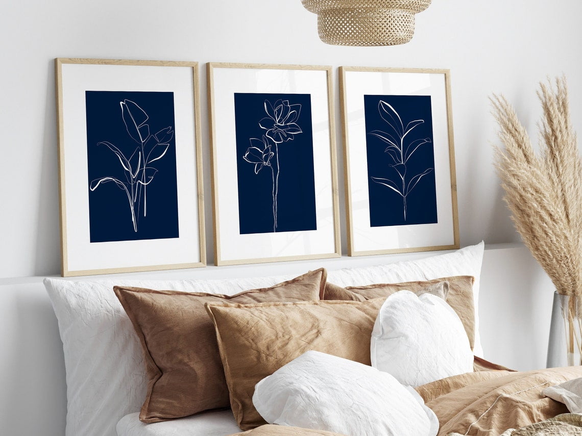 UNFFRAMED Navy Wall Art Set Posters Navy Blue Line Art Floral Poster ...