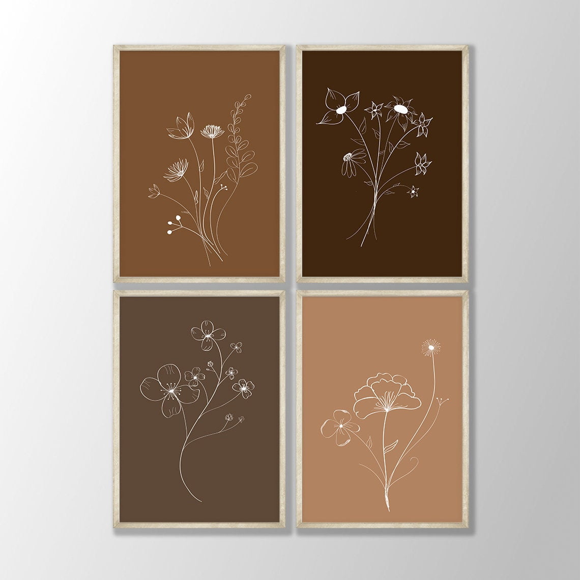 UNFFRAMED Neutral Floral Sketch Posters Set, Vintage Botanical Art Set ...