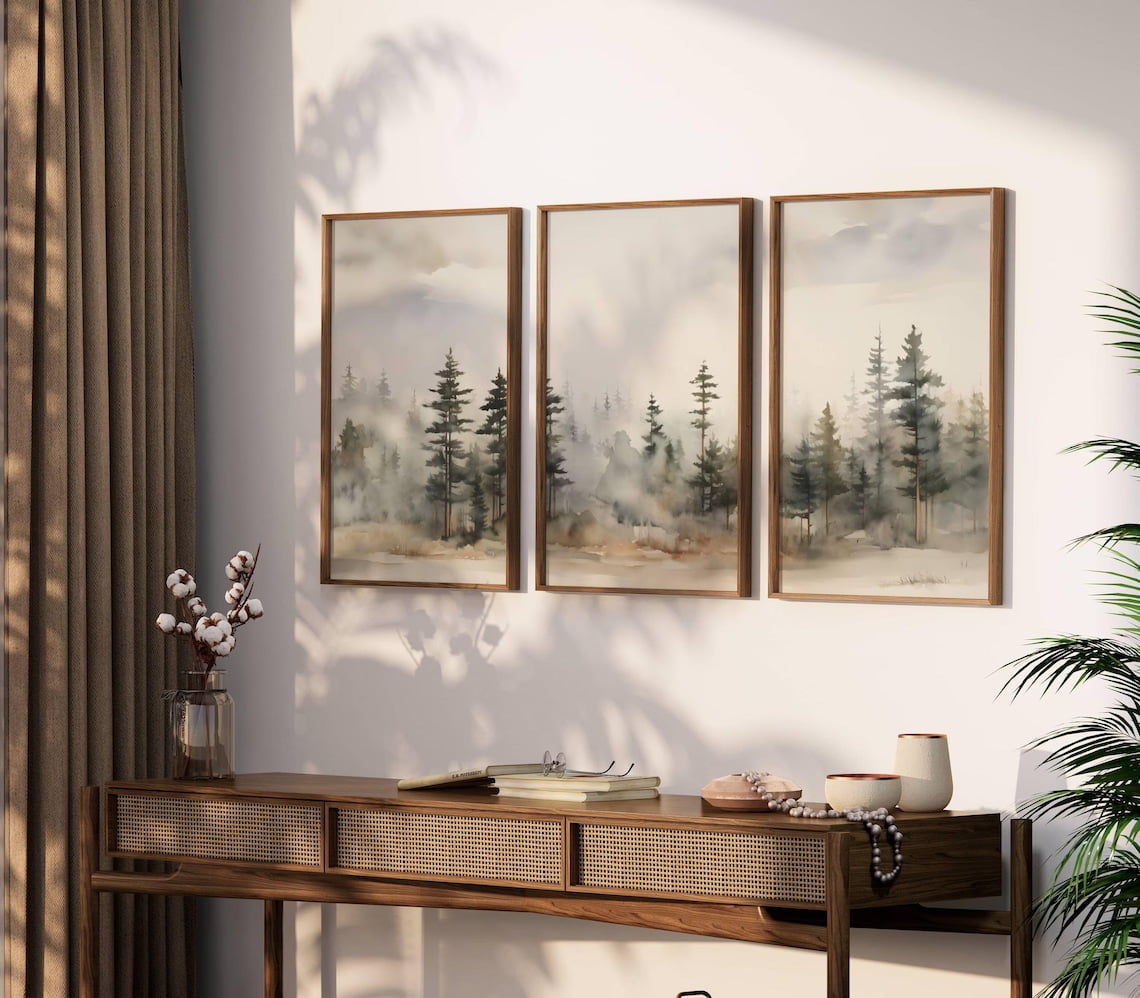 UNFFRAMED Neutral Tree Wall Art, Triptych Farmhouse Winter Holiday ...