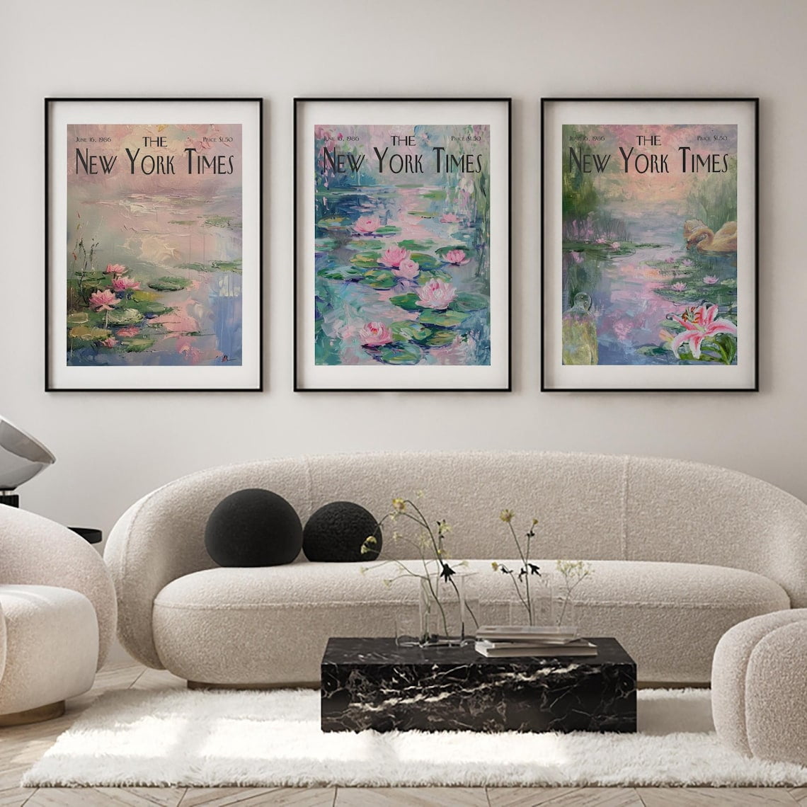 UNFFRAMED New York Newspaper Wall Art Set Of 3, Monet Water Lily ...
