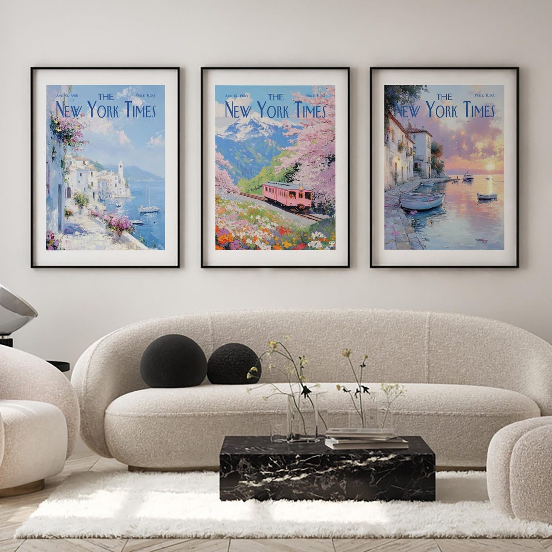 UNFFRAMED New York Times Cover Art Poster Set, Coastal Village, Spring ...