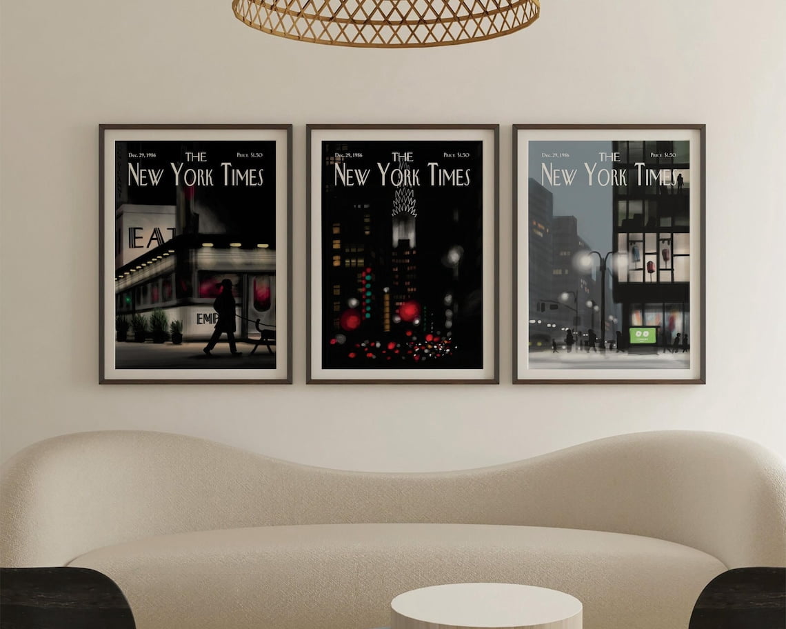 UNFFRAMED New York Times Poster Set Of 3, Vintage Nyc Night Wall Art ...