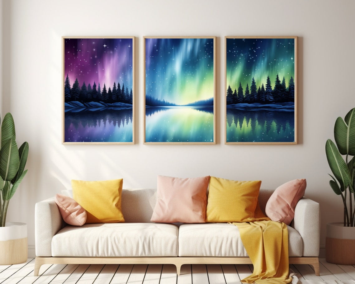 UNFFRAMED Northern Lights Poster Set Of 3, Aurora Borealis Nightscape ...