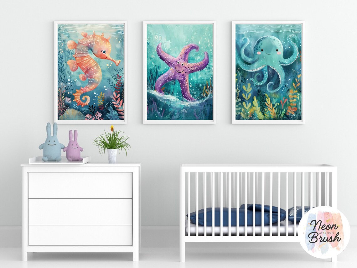 UNFFRAMED Ocean Animal Wall Art, Set, Under The Sea, Baby Room Decor ...