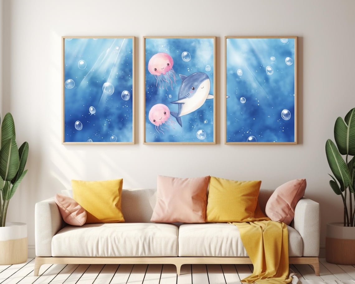 UNFFRAMED Ocean Animals Poster, Set Of 3, Nautical Nursery Art, Nursery ...