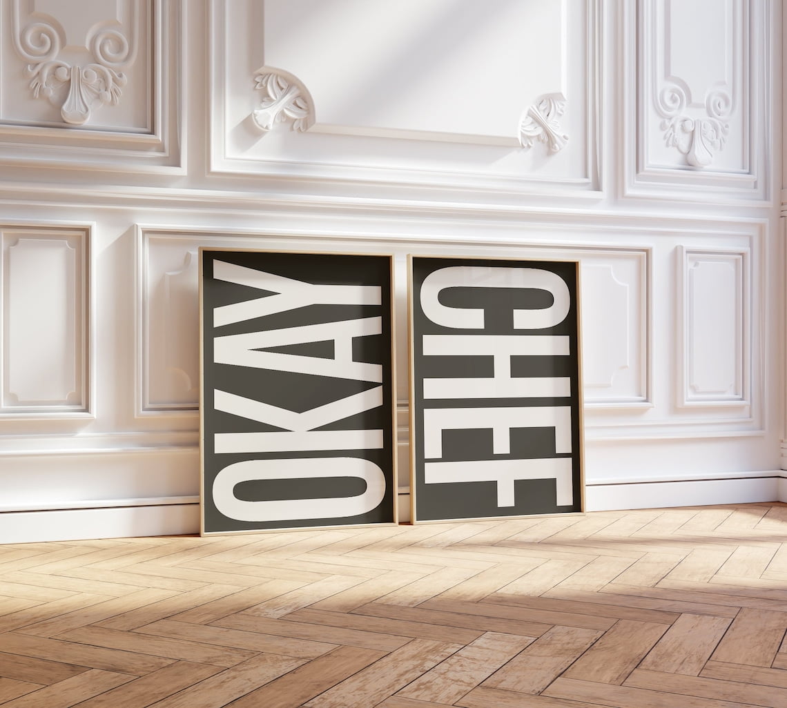 UNFFRAMED Okay Chef Print Set, Mid Century Modern Kitchen Art Set 2 ...
