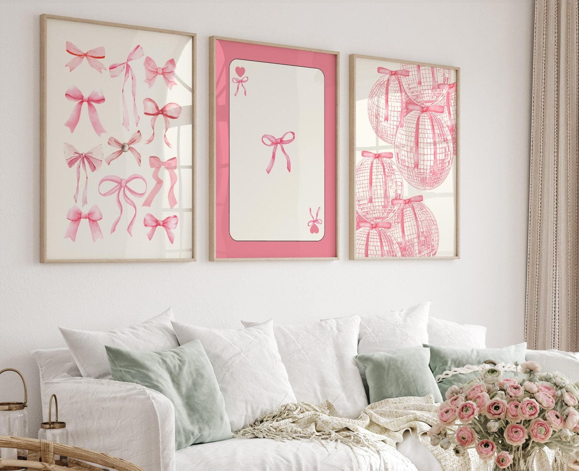 UNFFRAMED Pink Bows & Disco Ball Poster Set, Girly Room Decor Set 3 ...