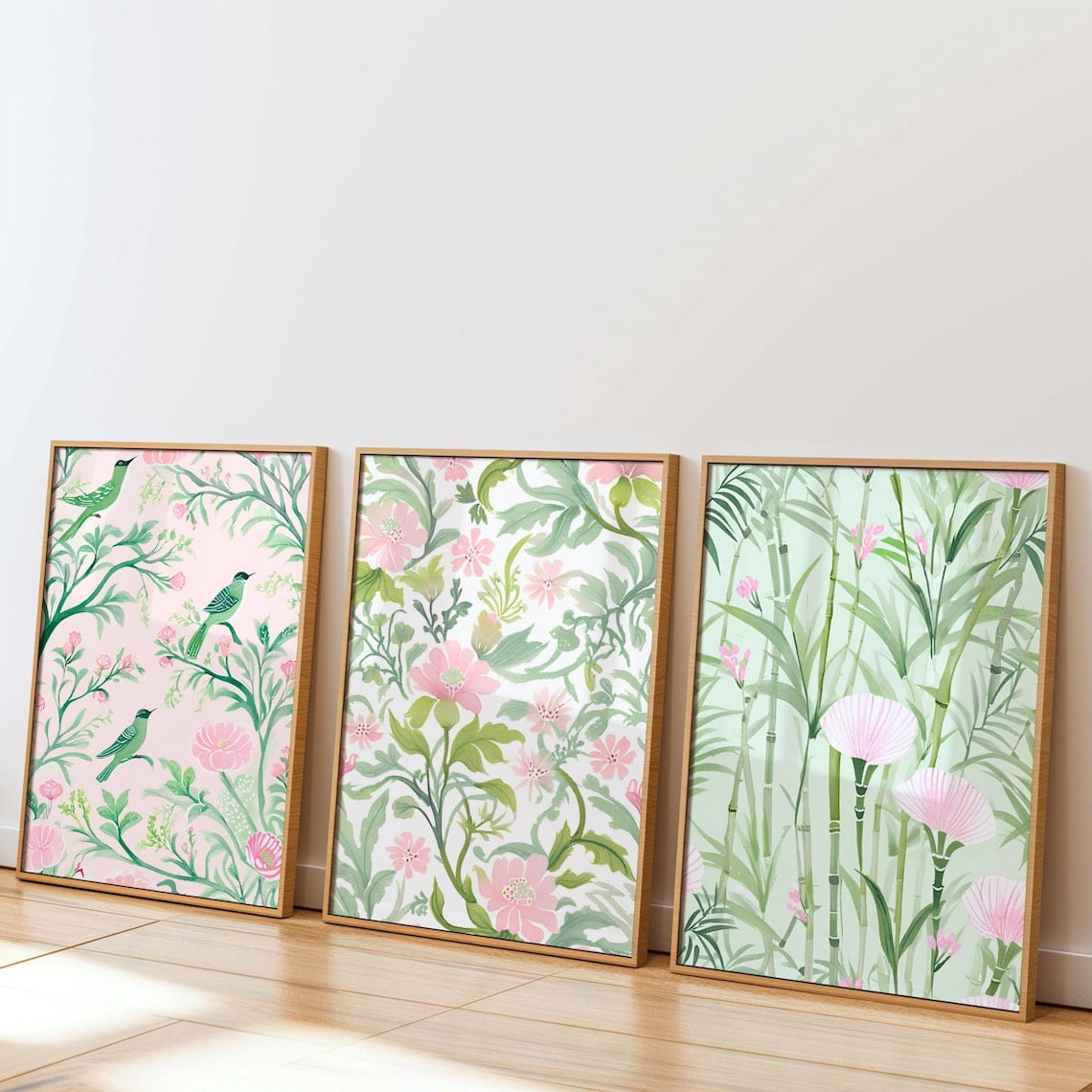 UNFFRAMED Pink And Green Chinoiserie Art, Botanical Flowers Set Of ...