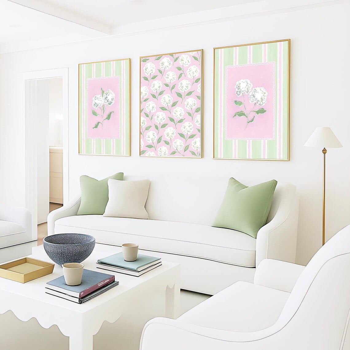UNFFRAMED Pink & Green Hydrangea Set Of 3 Posters, Grandmillennial ...