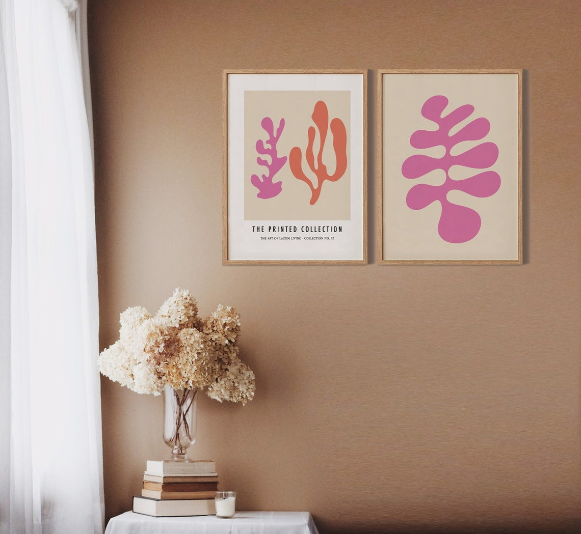 UNFFRAMED Pink Set Posters Trendy Orange Abstract Botanical Poster Mid ...