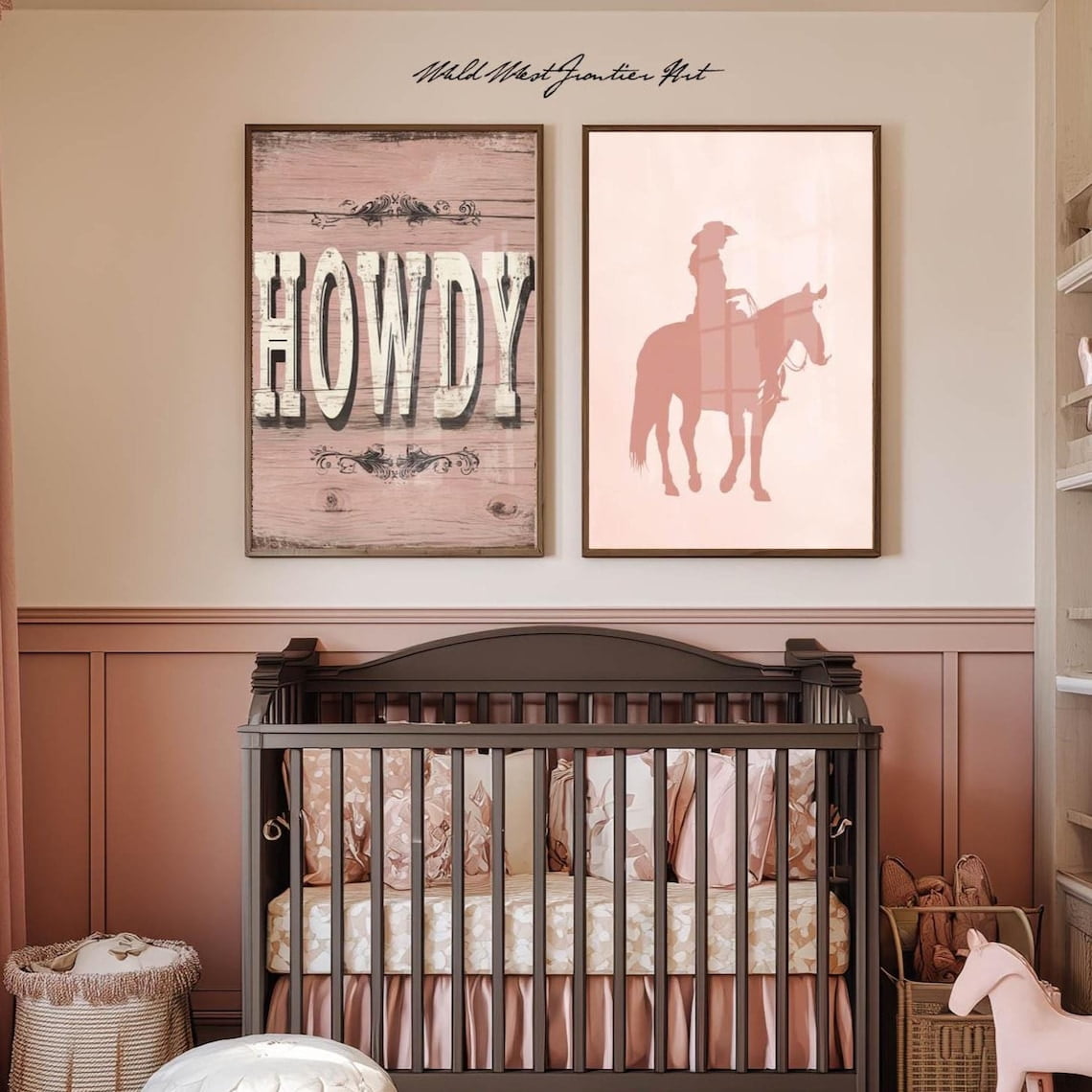 UNFFRAMED Pink Western Wall Art Set, Howdy Sign, Cowboy Silhouette ...