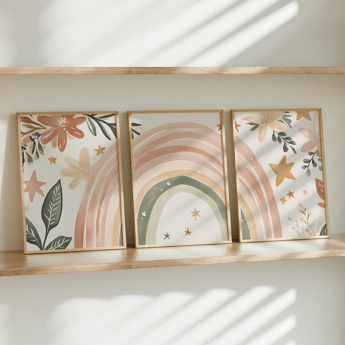 UNFFRAMED Rainbow Boho Wall Art Set Blush Pink & Sage Green Posters ...