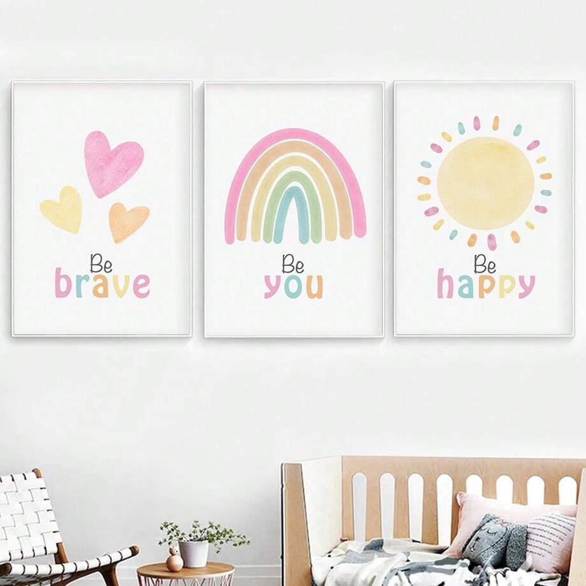 UNFFRAMED Rainbow Nursery Wall Art, Be Brave Be You Be Happy Posters ...
