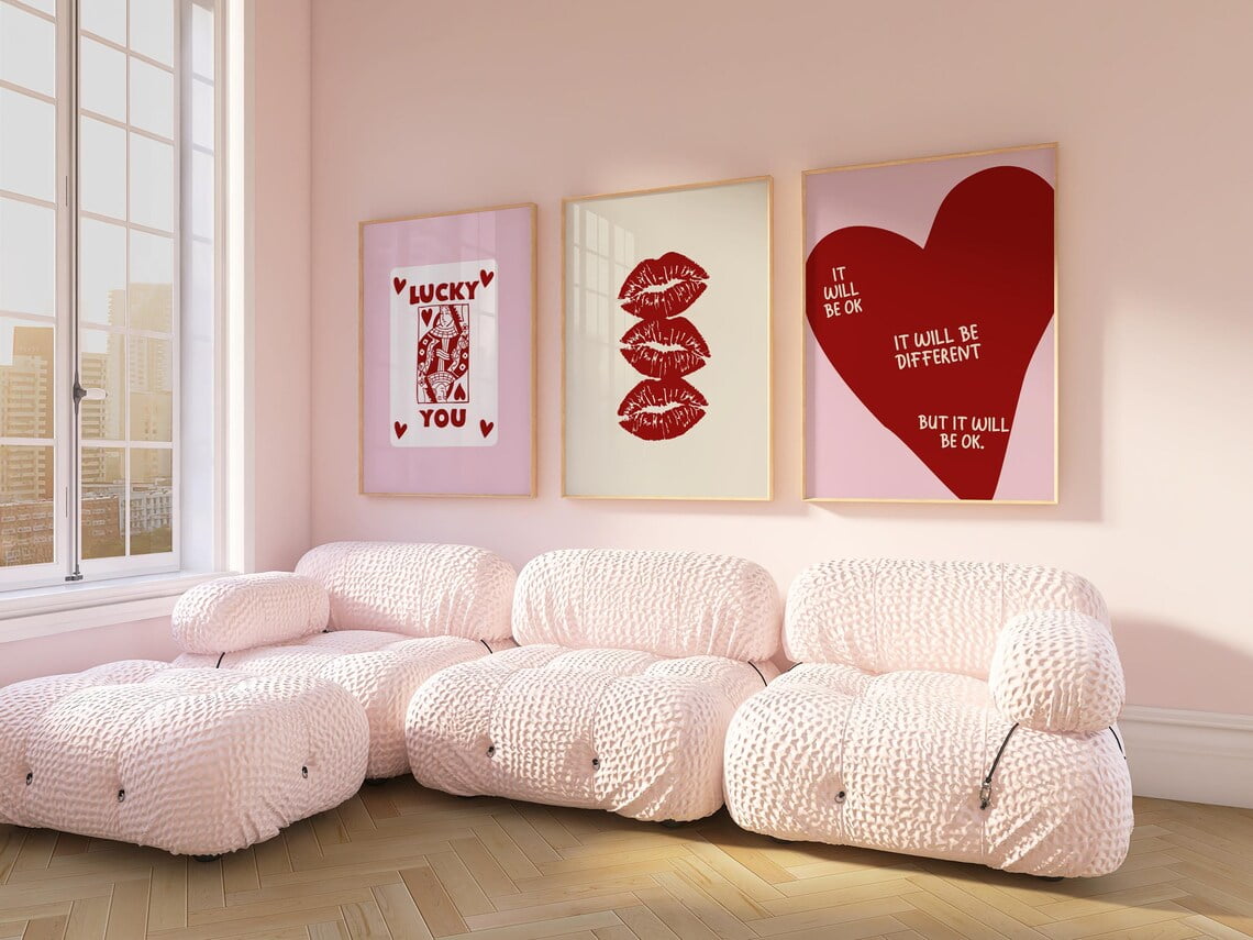 UNFFRAMED Retro Red Pink Wall Art Bundle, Love Quote Prints Set Of 3 ...