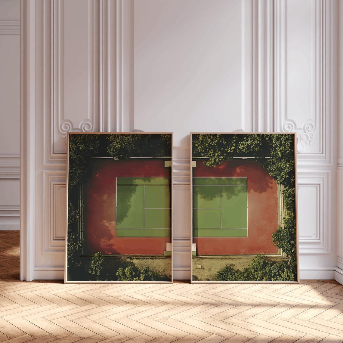 UNFFRAMED Retro Tennis Court Print Set, Green Photography Wall Art Set ...
