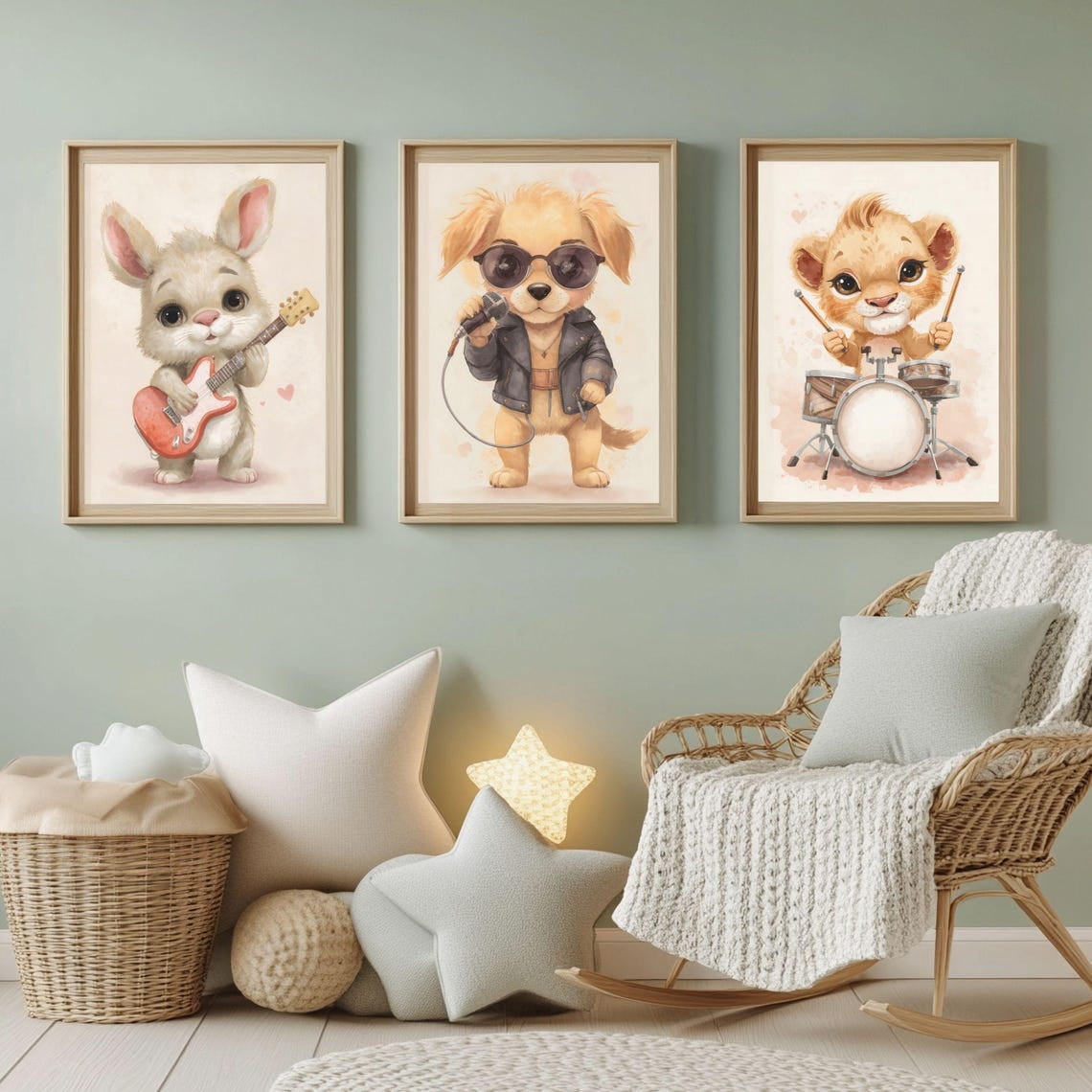 UNFFRAMED Rockstar Animals Nursery Wall Art Set Of 3, Puppy Singer ...