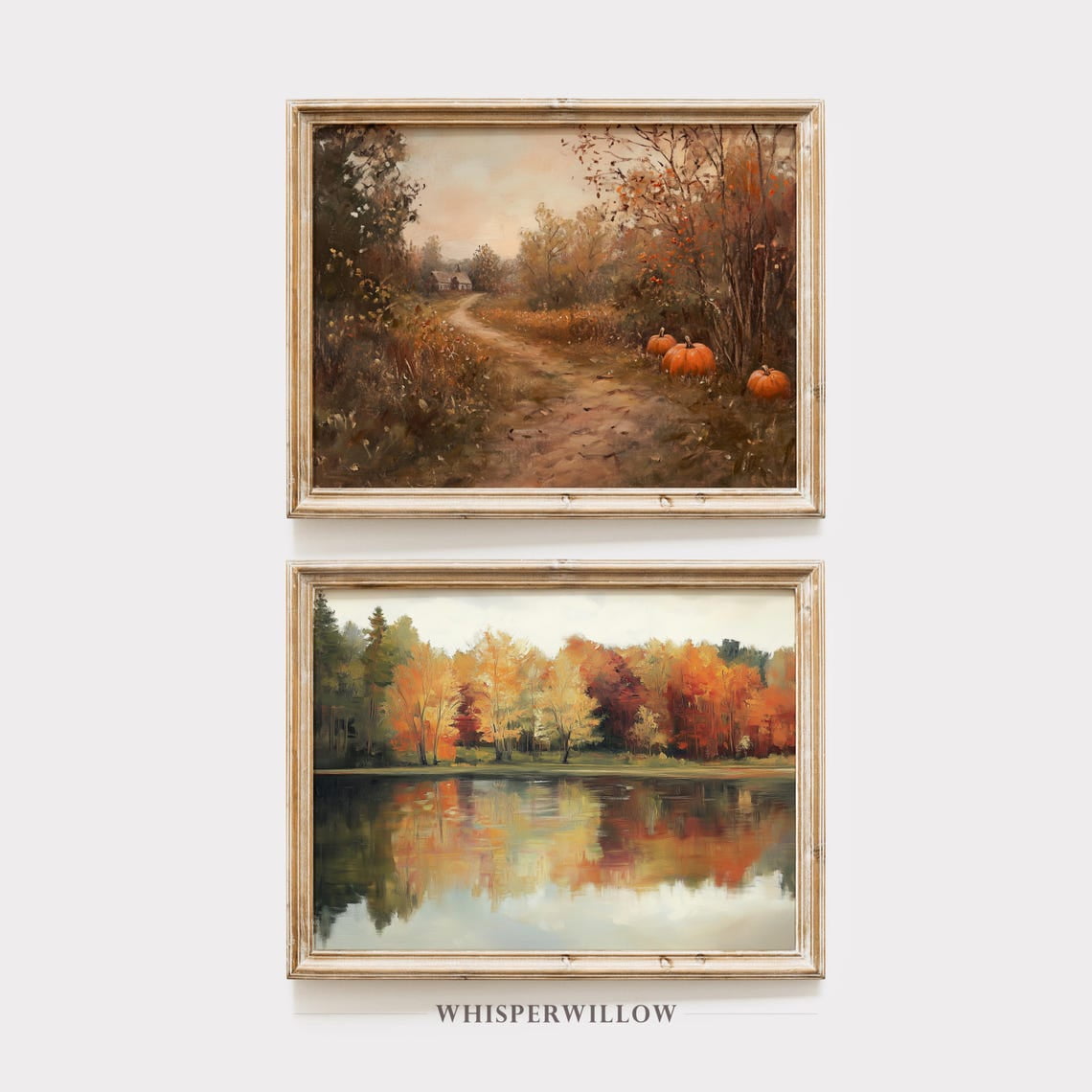 UNFFRAMED Rustic Autumn Pathway And Serene Lake Reflection Set Of Two 2 ...