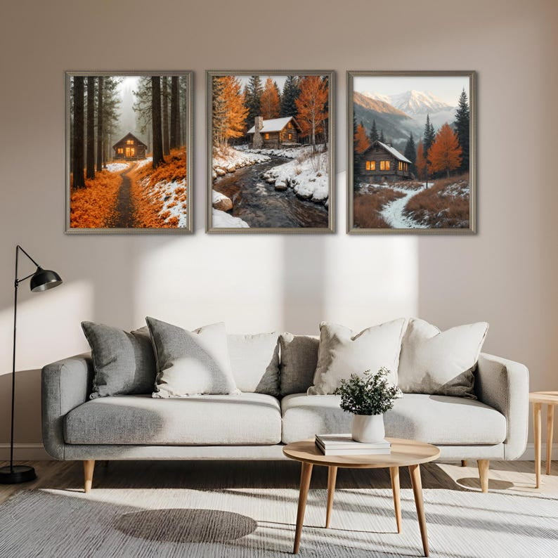 UNFFRAMED Rustic Cabin Wall Art, Autumn Winter Forest River Poster ...