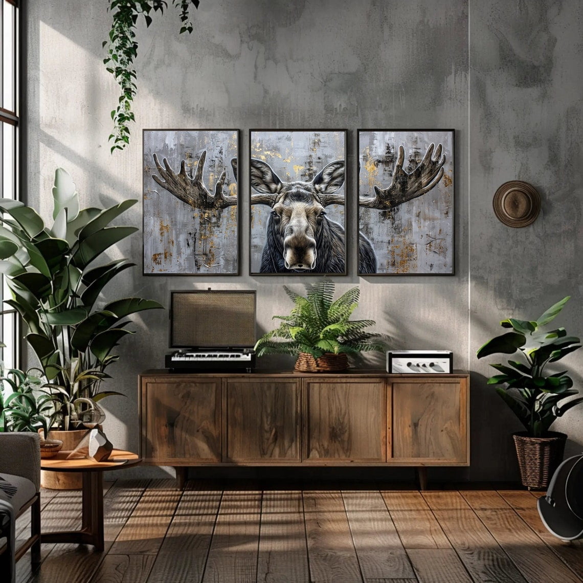UNFFRAMED Rustic Moose Portrait Set Of Three Split, Moose With Antlers ...