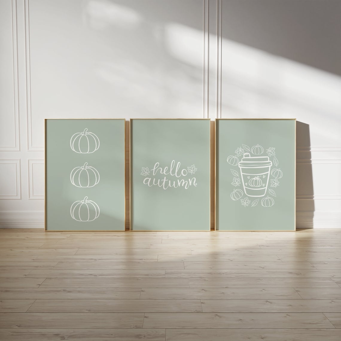UNFFRAMED Sage Green Autumn Posters, Minimalist Line Art, Set Set 3 ...