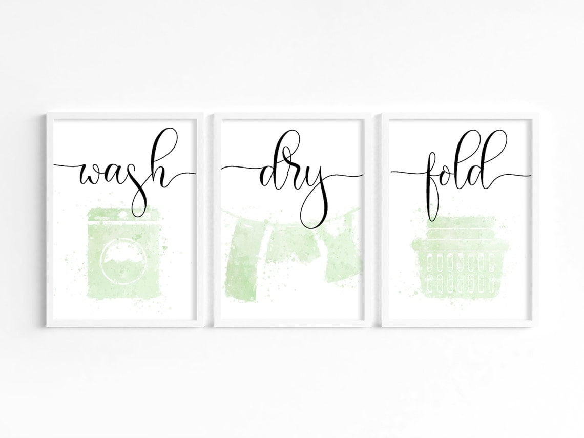 UNFFRAMED Sage Green Laundry Room Posters, Wash Dry Foldet Set 3 Prints ...