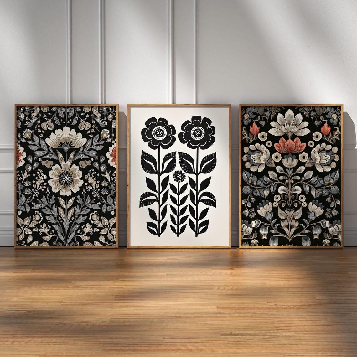 UNFFRAMED Scandinavian Floral Posters Set Navy Blue Nordic Folk Art Set ...