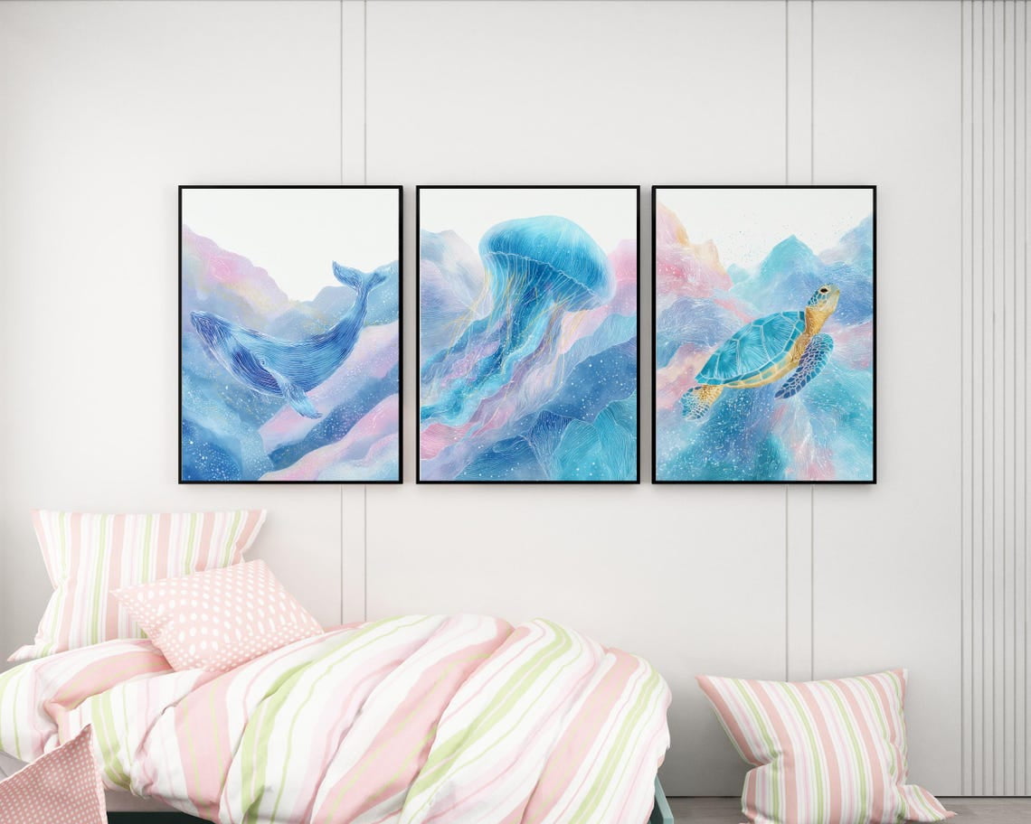 UNFFRAMED Sea Creatures Poster Set, Pastel Ocean Nursery Art Set 3 ...