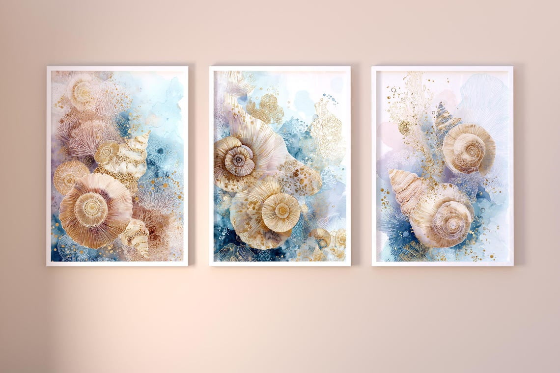 UNFFRAMED Seashell Wall Art Set, Blue Gold Coastal Posters Set 3 Prints ...