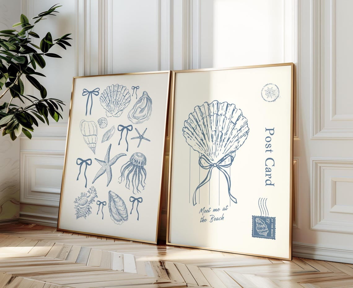 UNFFRAMED Seashells Coastal Art Poster, Preppy Beach House Decor Set 2 ...