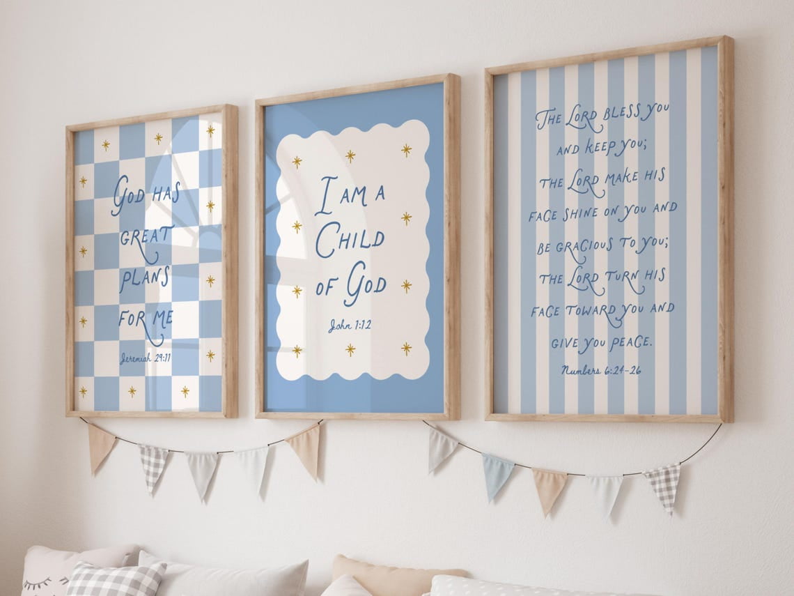 UNFFRAMED Set Of 3 Blue Blue Boys Bible Verse Christian Affirmation ...