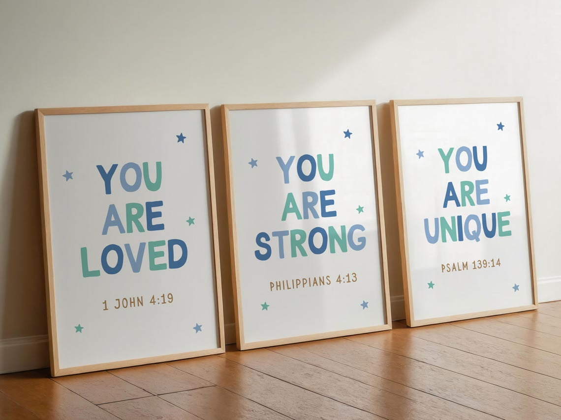 UNFFRAMED Set Of 3 Blue Christian Affirmation For Boys Bible Verse ...